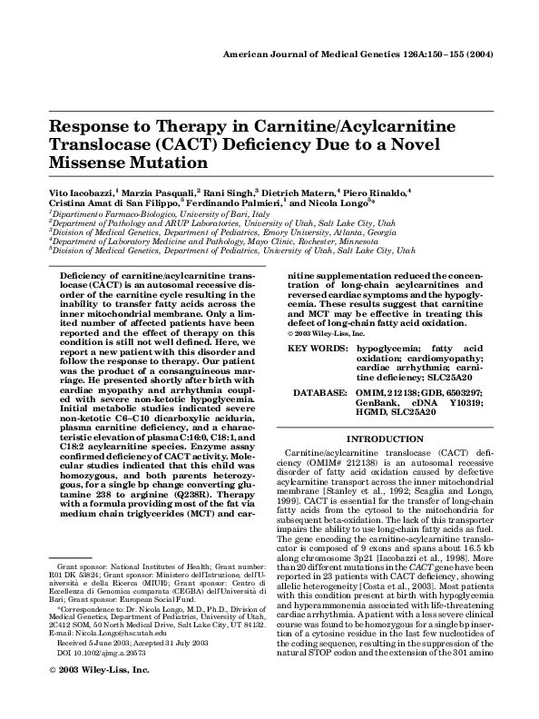 (PDF) Response to therapy in carnitine/acylcarnitine translocase (CACT ...