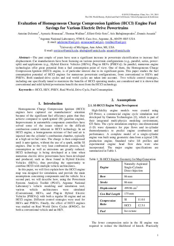 (PDF) Evaluation of Homogeneous Charge Compression Ignition (HCCI) Engine Fuel Savings for ...