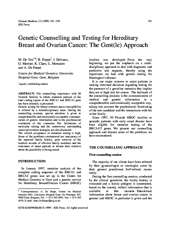 (PDF) Genetic Counselling and Testing for Hereditary Breast and Ovarian ...