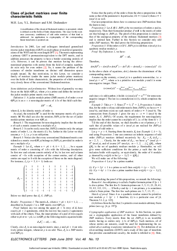 (PDF) Class of jacket matrices over finite characteristic fields