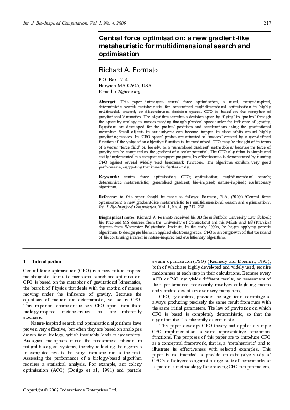 Pdf Central Force Optimization A New Deterministic Gradient Like Optimization Metaheuristic