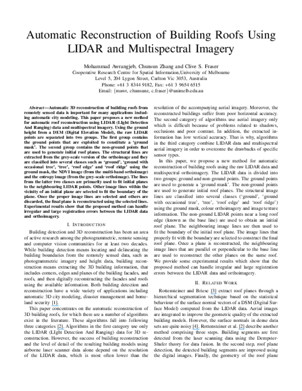 Pdf Automatic Reconstruction Of Building Roofs Using Lidar And Multispectral Imagery
