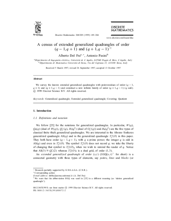 (PDF) A census of extended generalized quadrangles of order (q−1,q+1) and (q+1,q−1)