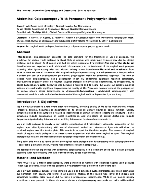 (PDF) Abdominal Colposacropexy With Permanent Polypropylen Mesh