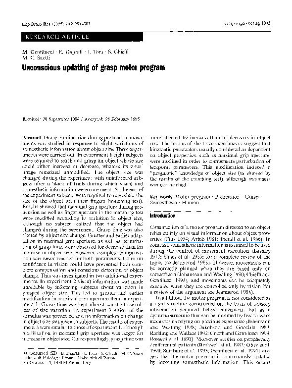 (PDF) Unconscious updating of grasp motor program