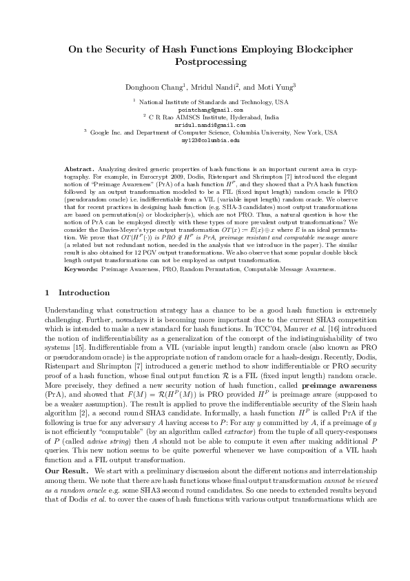 (PDF) On the Security of Hash Functions Employing Blockcipher Postprocessing