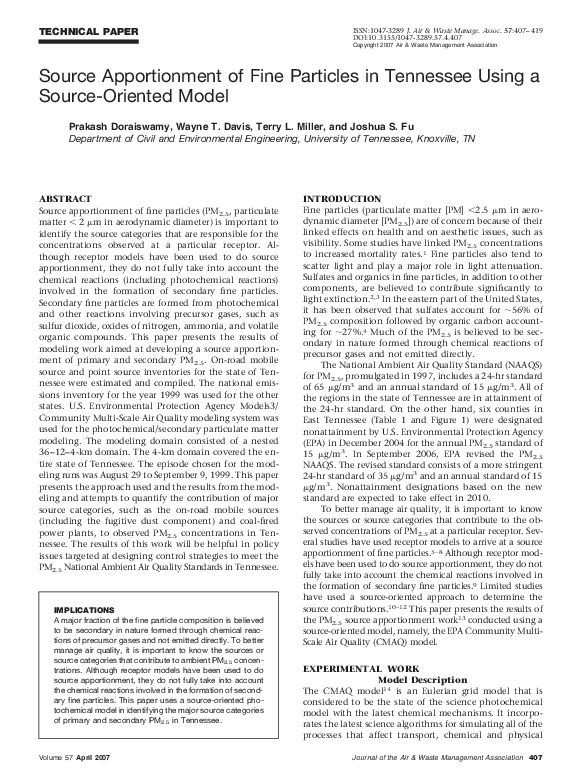 Pdf Source Apportionment Of Fine Particles In Tennessee Using A