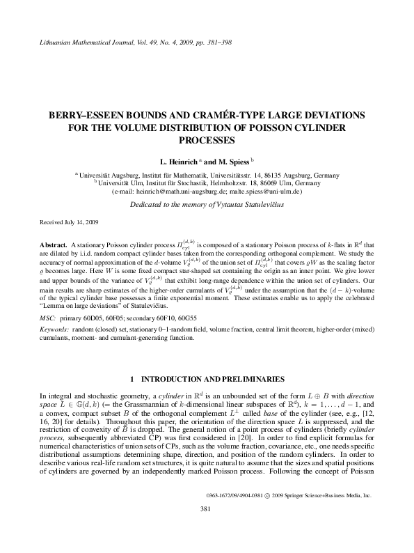 (PDF) Berry–Esseen bounds and Cramér-type large deviations for the volume distribution of ...