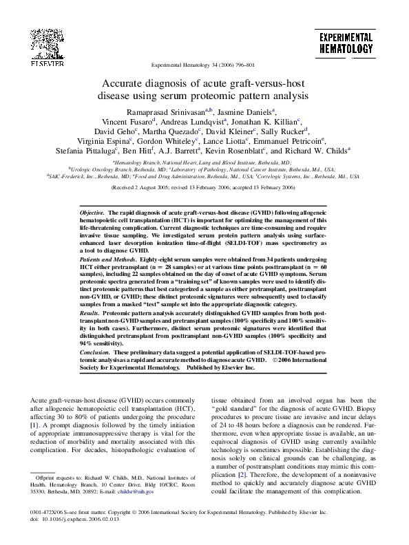 (PDF) Accurate diagnosis of acute graft-versus-host disease using serum ...