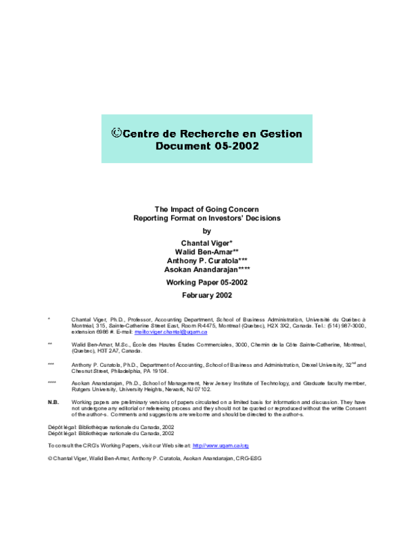 (PDF) The impact of going concern reporting format on investors ...