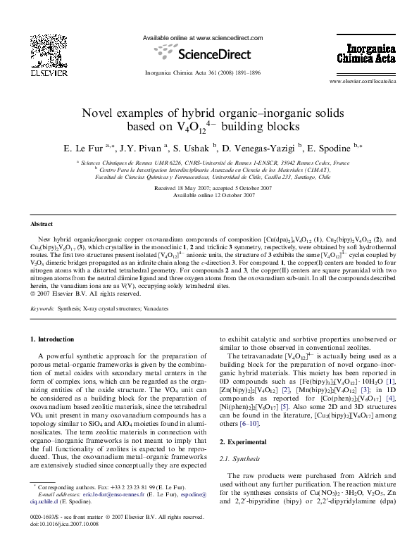 (PDF) Novel examples of hybrid organic–inorganic solids based on ...