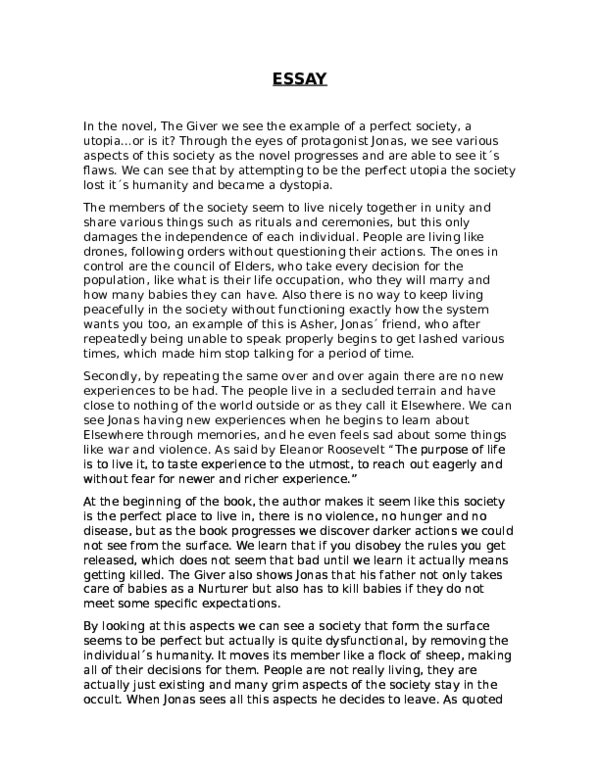 (DOC) THE GIVER ESSAY