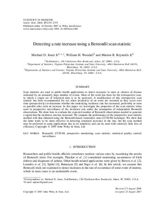 (PDF) Detecting a rate increase using a Bernoulli scan statistic