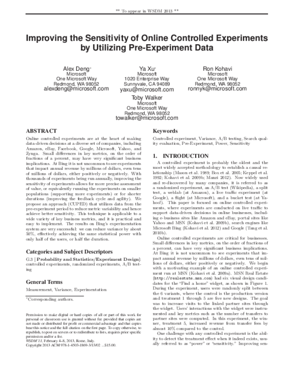 (PDF) Improving the sensitivity of online controlled experiments by utilizing pre-experiment data