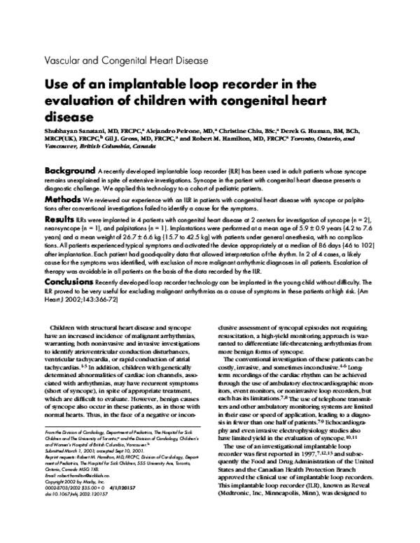 (PDF) Use of an implantable loop recorder in the evaluation of children ...