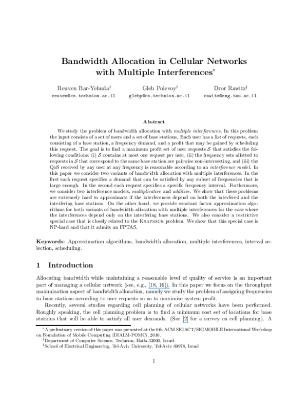 Pdf Bandwidth Allocation In Cellular Networks With Multiple Interferences