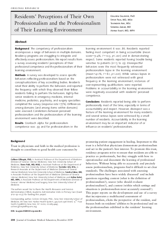 (PDF) Residents' Perceptions of Their Own Professionalism and the ...