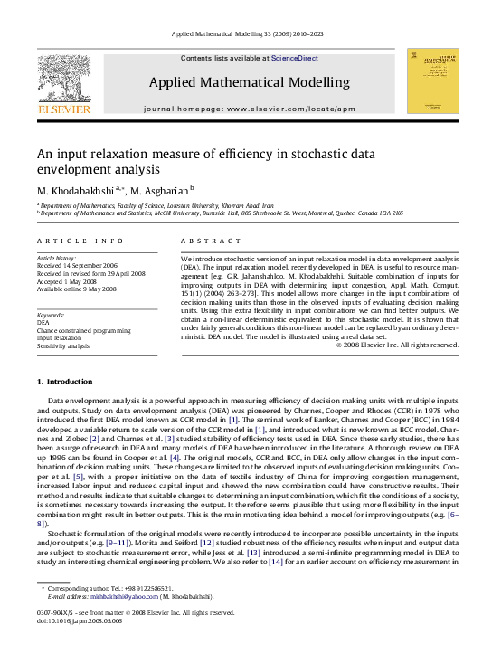 Pdf An Input Relaxation Measure Of Efficiency In Stochastic Data
