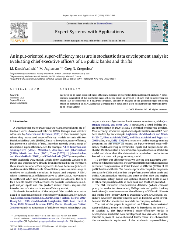 Pdf An Input Oriented Super Efficiency Measure In Stochastic Data