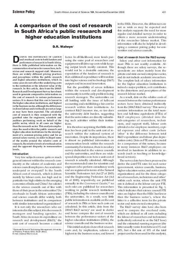 (PDF) A comparison of the cost of research in South Africa's public ...