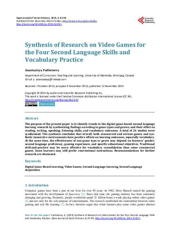 (PDF) Synthesis of Research on Video Games for the Four Second Language ...