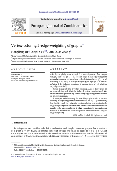 (PDF) Vertex-coloring 2-edge-weighting of graphs | Cun-quan Zhang ...