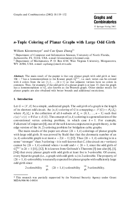 (PDF) n -Tuple Coloring of Planar Graphs with Large Odd Girth