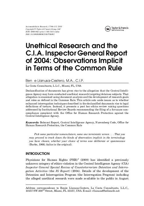 (PDF) Unethical Research and the C.I.A. Inspector General Report of ...
