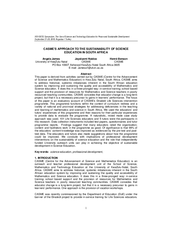 (PDF) CASME'S APPROACH TO THE SUSTAINABILITY OF SCIENCE EDUCATION IN ...