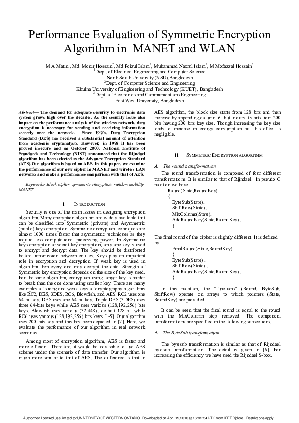Pdf Performance Evaluation Of Symmetric Encryption Algorithm In Manet 6509