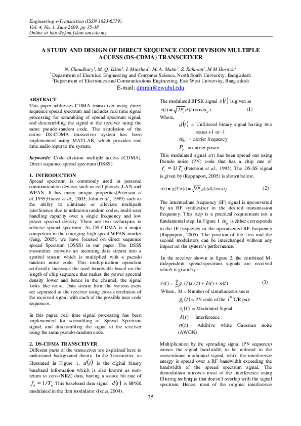 (PDF) A STUDY AND DESIGN OF DIRECT SEQUENCE CODE DIVISION MULTIPLE ACCESS (DS-CDMA) TRANSCEIVER