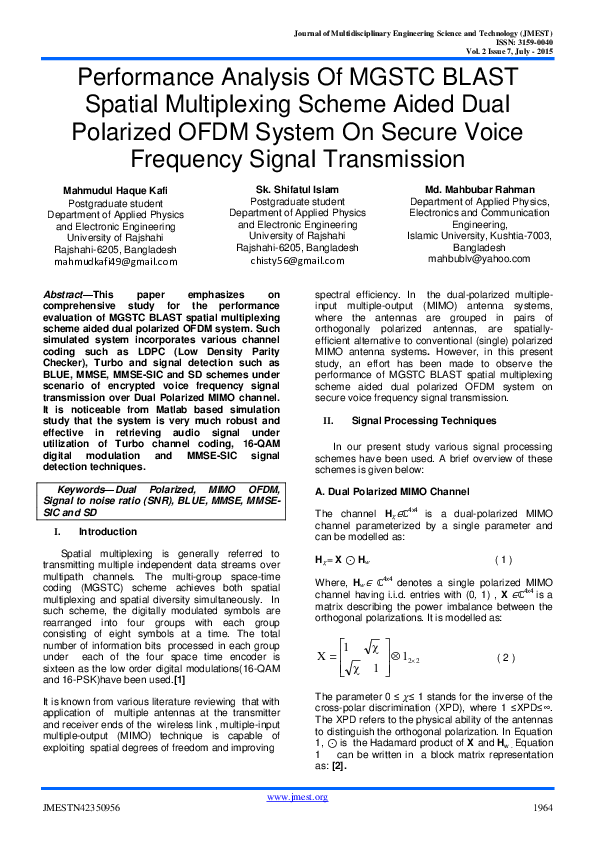 Performance Analysis Of Mgstc Blast Spatial Multiplexing Scheme Aided Dual Polarized Ofdm System