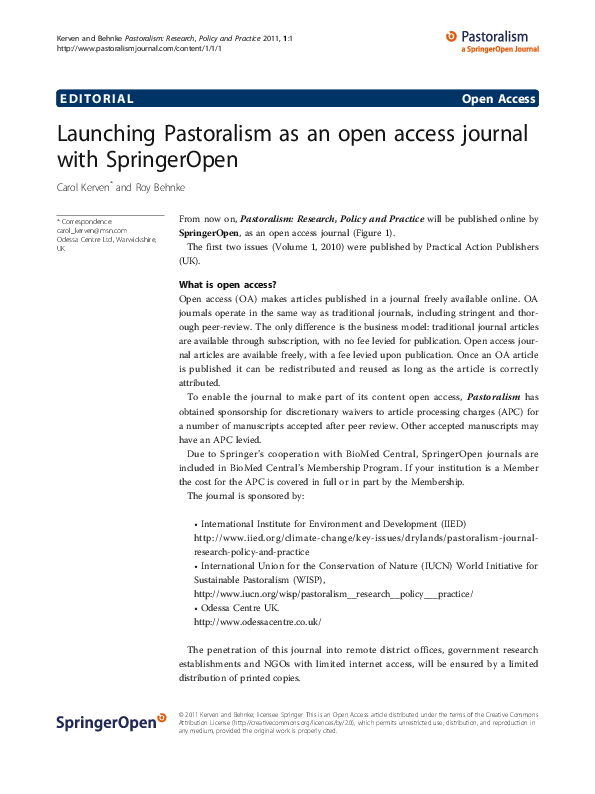 (PDF) Launching Pastoralism as an open access journal with SpringerOpen