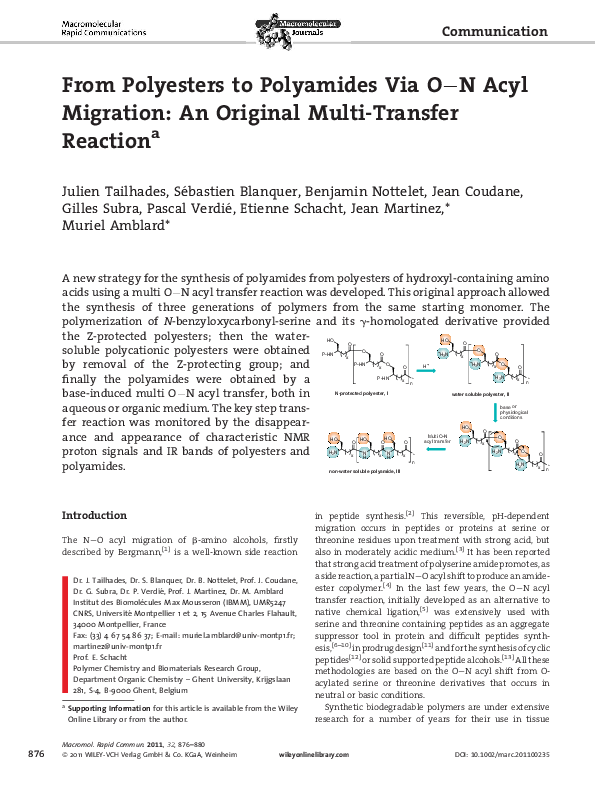 (PDF) From polyesters to polyamides Via O-N acyl migration: An original multi-transfer reaction