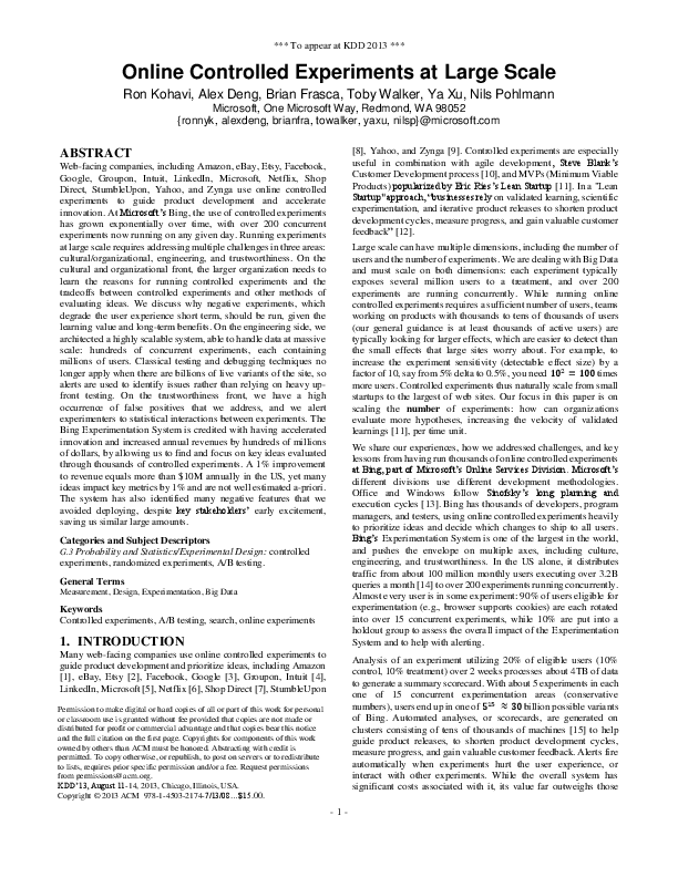 (PDF) Online controlled experiments at large scale