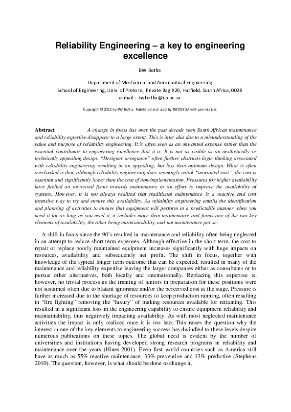 (PDF) Reliability Engineering – a key to engineering excellence