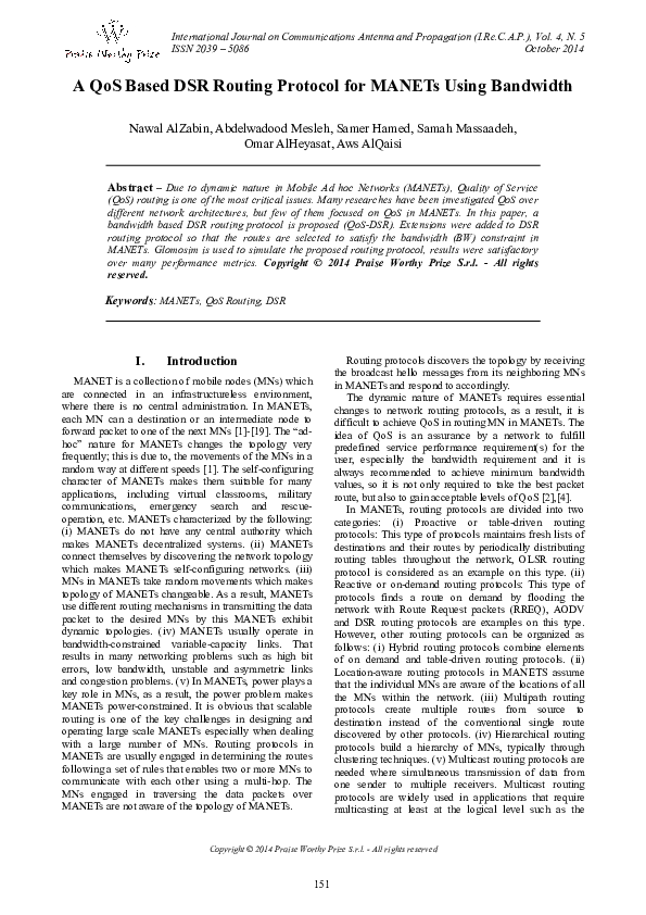 Pdf A Qos Based Dsr Routing Protocol For Manets Using Bandwidth