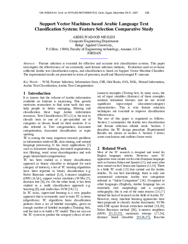 Pdf Support Vector Machines Based Arabic Language Text Classification