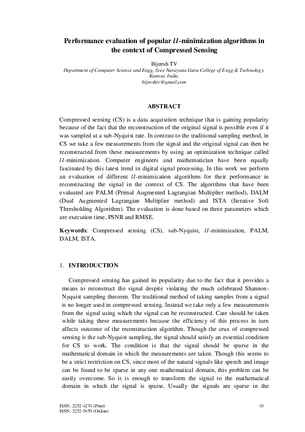 Pdf Performance Evaluation Of Popular L1 Minimization Algorithms In The Context Of Compressed