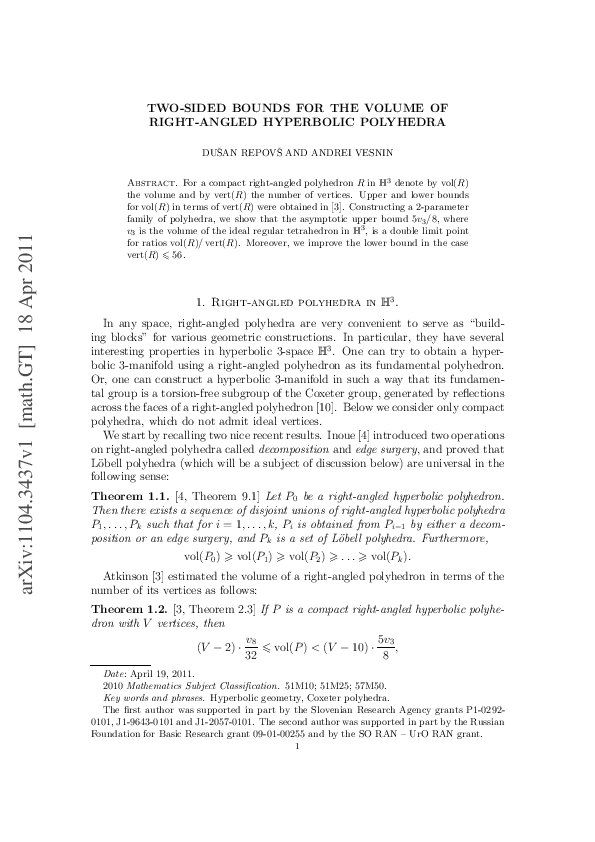 (PDF) Two-sided bounds for the volume of right-angled hyperbolic polyhedra