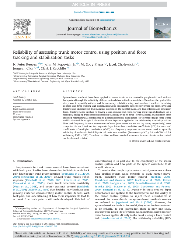 (PDF) Reliability of assessing trunk motor control using position and ...