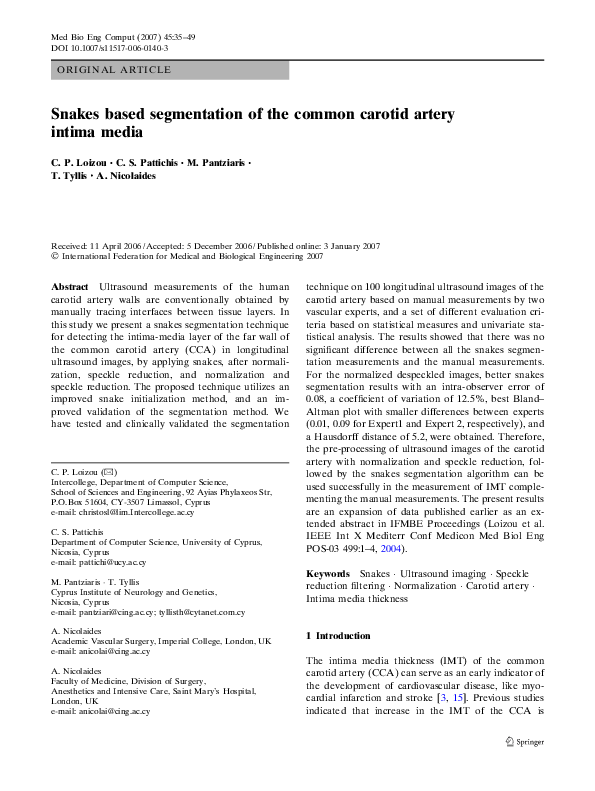 (PDF) Snakes based segmentation of the common carotid artery intima media