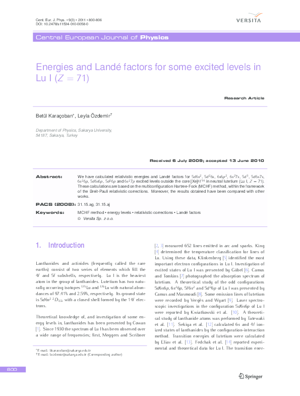 (PDF) Energies and Landé factors for some excited levels in Lu I (Z = 71)