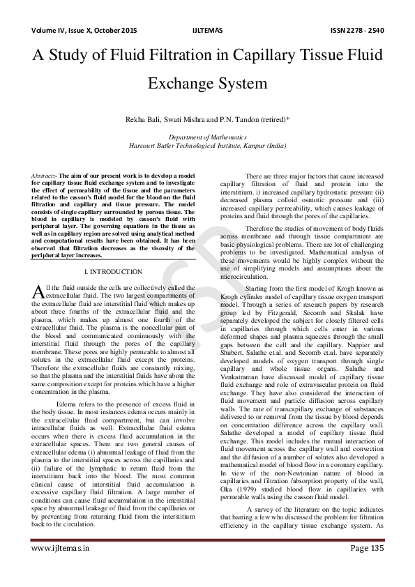 (PDF) A Study of Fluid Filtration in Capillary Tissue Fluid Exchange System