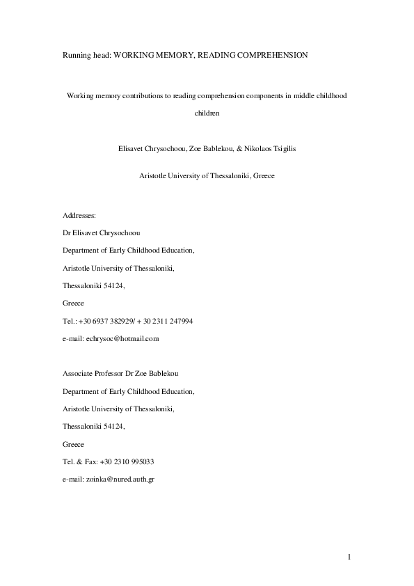(PDF) Working Memory Contributions to Reading Comprehension Components in Middle Childhood Children