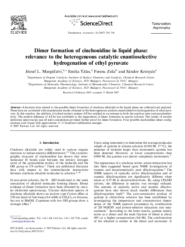 (PDF) Dimer formation of cinchonidine in liquid phase: relevance to the ...