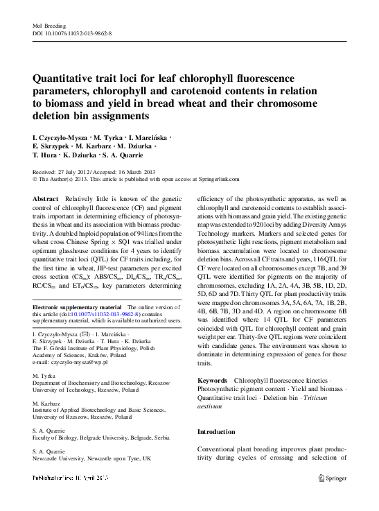 Pdf Mapping Qtls For Yield Components And Chlorophyll A Fluorescence