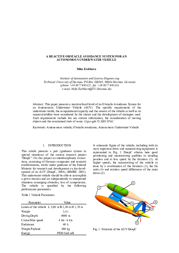 Pdf A Reactive Obstacle Avoidance System For An Autonomous Underwater