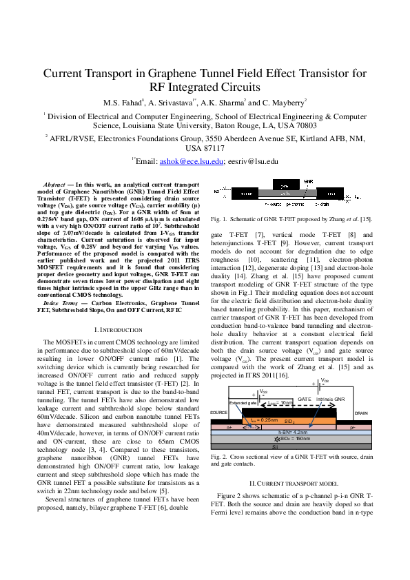 Pdf Current Transport In Graphene Tunnel Field Effect Transistor For