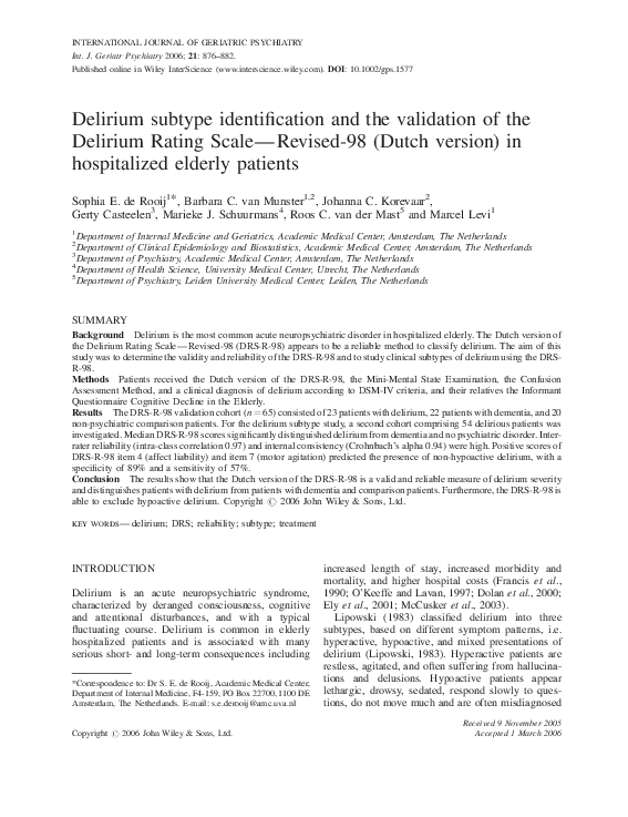 (PDF) Delirium subtype identification and the validation of the ...